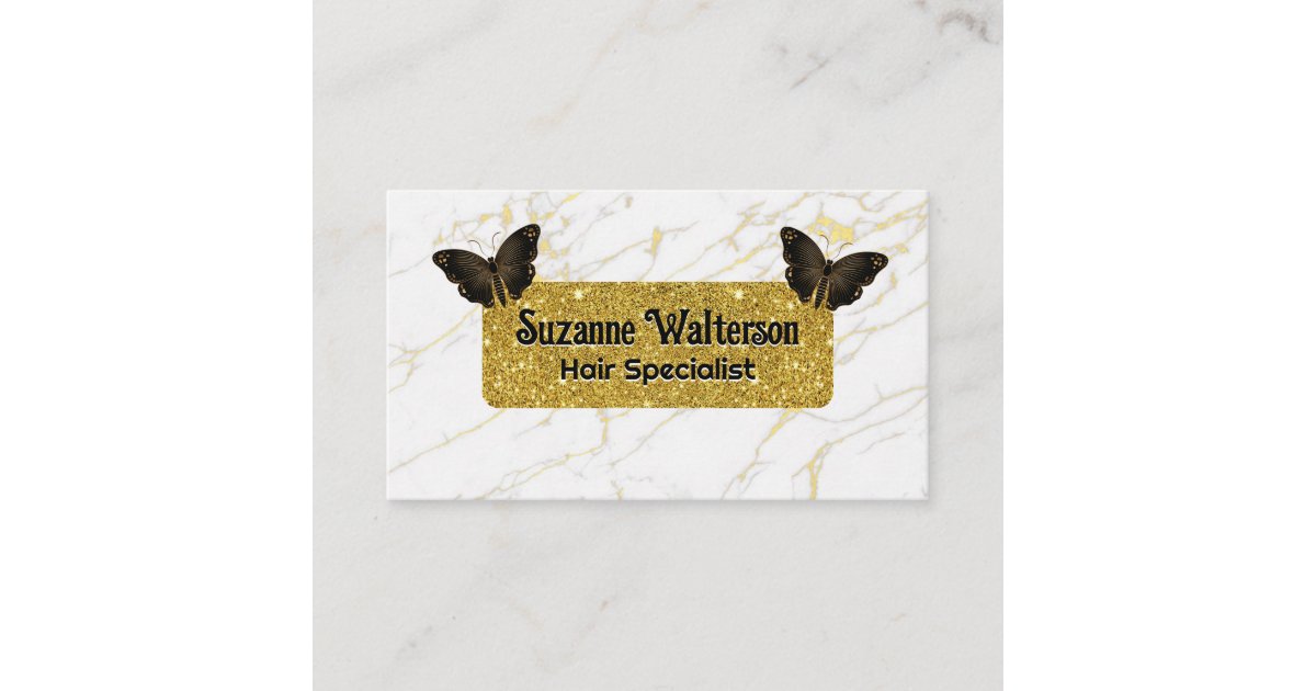 Gold Glitter | White Marble | Butterflies Business Card | Zazzle