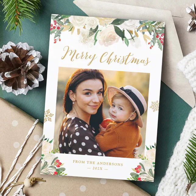 Gold Glitter Winter Floral Merry Christmas Photo Holiday Card | Zazzle