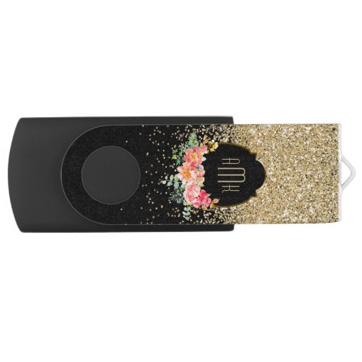 Gold Glitter with Watercolor Floral Monogram USB Flash Drive | Zazzle