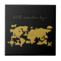 Gold Glitter World Map on Black Elegant Adventure Ceramic Tile | Zazzle