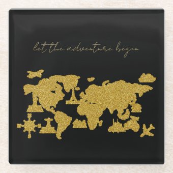 Gold Glitter World Map on Black Elegant Adventure Glass Coaster | Zazzle