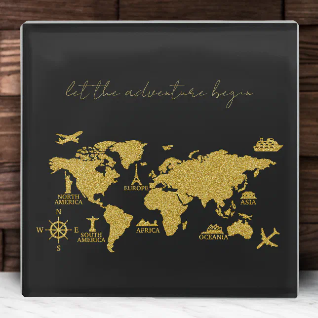 Gold Glitter World Map on Black Elegant Adventure Glass Coaster | Zazzle