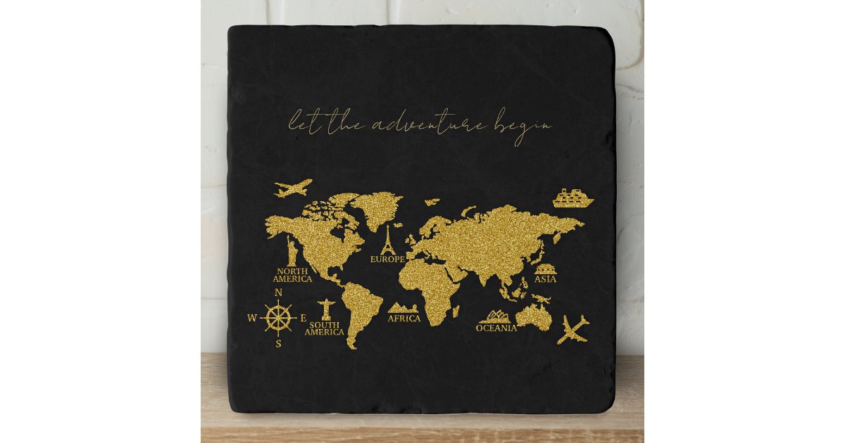 Gold Glitter World Map on Black Elegant Adventure Trivet | Zazzle