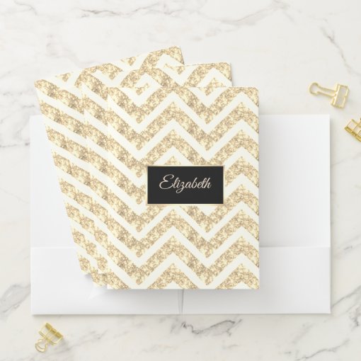 Gold Glitter Zigzag Chevron, Frame,Personalized Pocket Folder | Zazzle