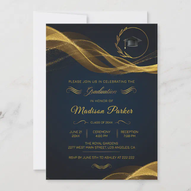 Gold Glittering Wave on Blue Graduation Invitation | Zazzle