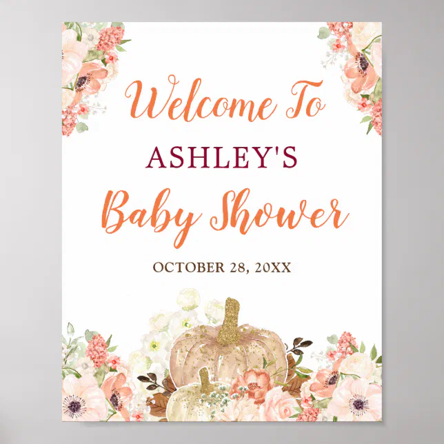 Gold Glitters Pumpkin Floral Fall Baby Shower Sign | Zazzle