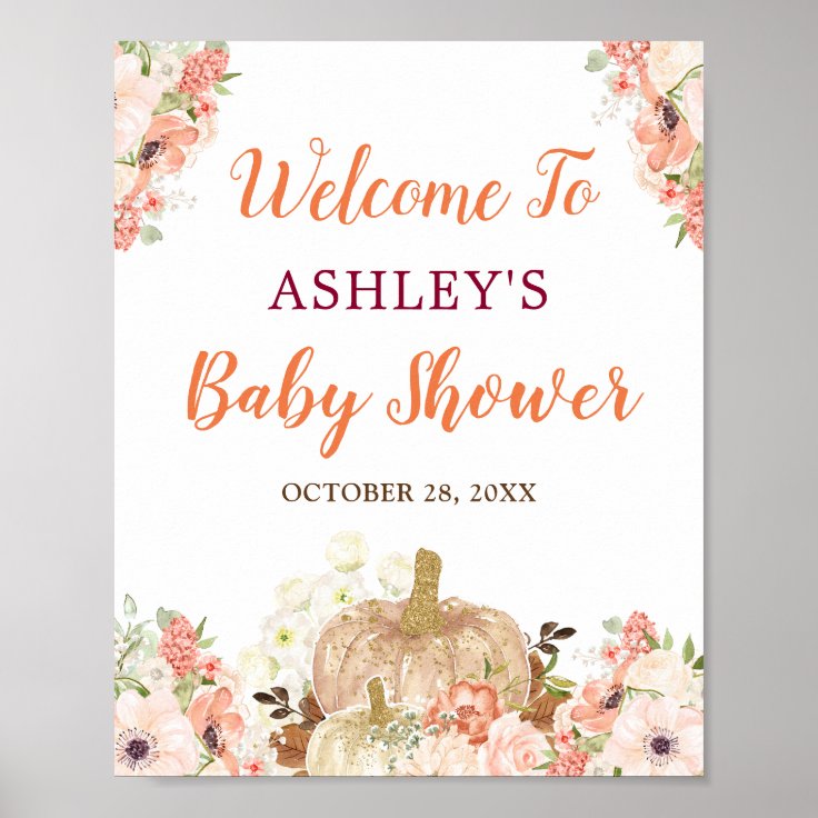 Gold Glitters Pumpkin Floral Fall Baby Shower Sign | Zazzle