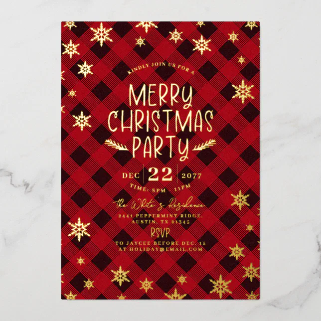Gold Glittery Snowflake Red Plaid Christmas Party Foil Invitation | Zazzle