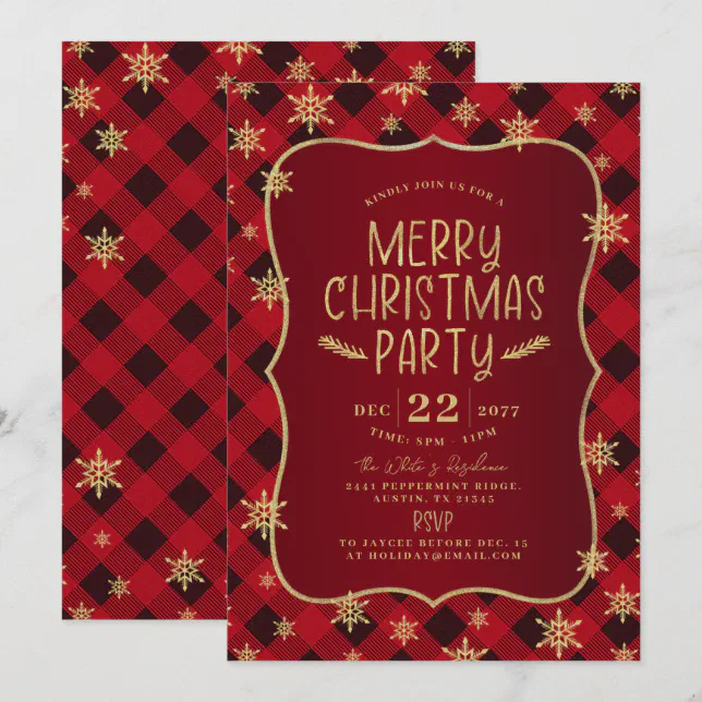Gold Glittery Snowflake Red Plaid Christmas Party Invitation | Zazzle