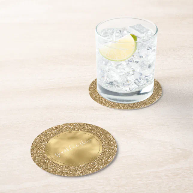 Gold Glitz Glam Glitter Sparkle Round Paper Coaster | Zazzle