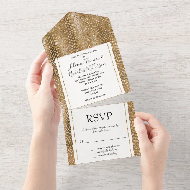 Gold Glitzy Snake Skin Animal Glam All In One Invitation | Zazzle