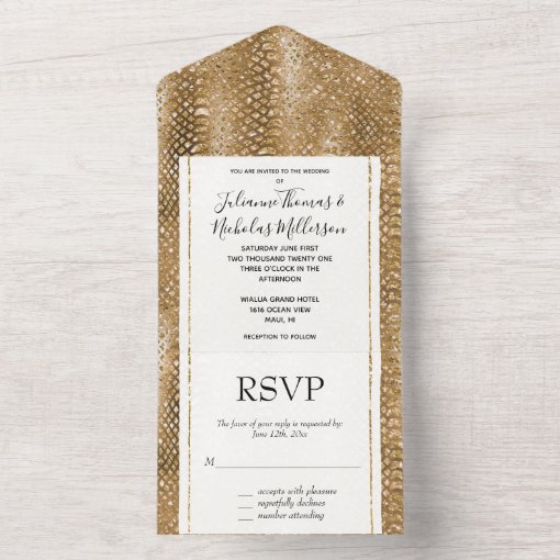 Gold Glitzy Snake Skin Animal Glam All In One Invitation | Zazzle