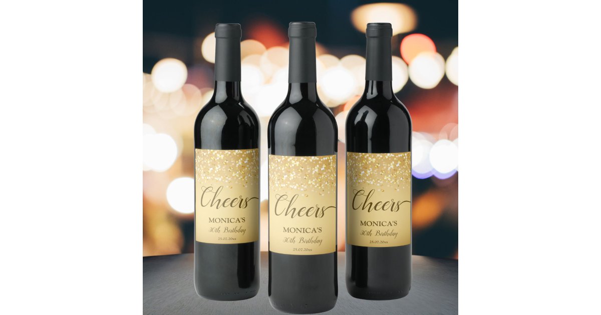 Gold golden sparkles birthday party personalized wine label | Zazzle