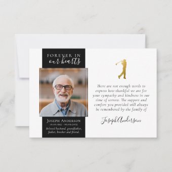 Gold Golfer Photo Sympathy Funeral Thank You Card | Zazzle