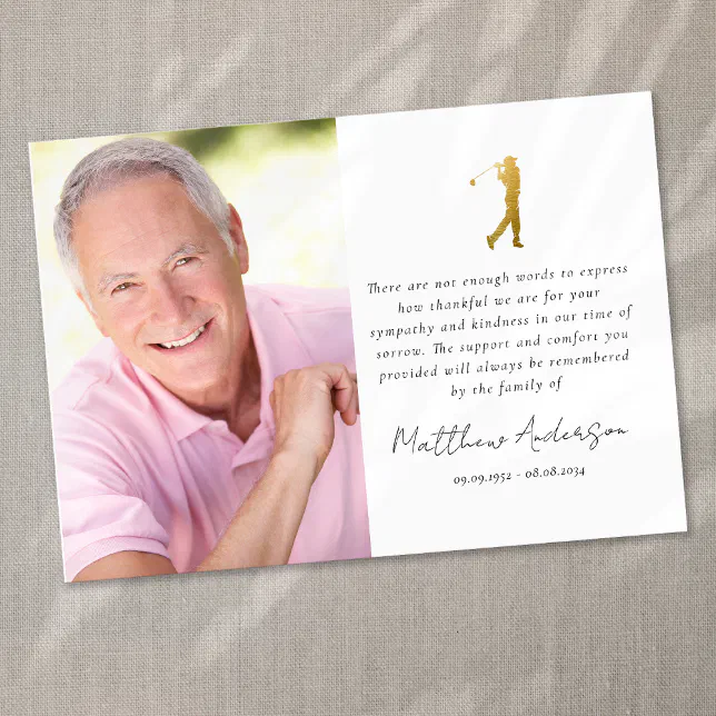 Gold Golfer Photo Sympathy Funeral Thank You Card | Zazzle