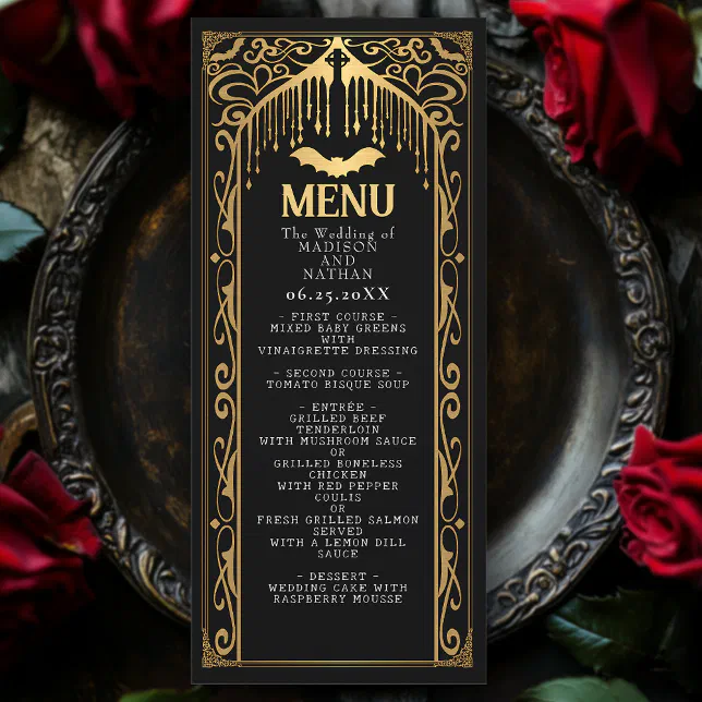 Gold Gothic Vampire Cathedral Wedding Menu | Zazzle