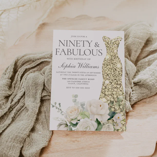 Gold Gown White Flowers Elegant 90th Birthday Invitation | Zazzle
