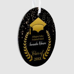 Gold Grad Cap and Laurel on Black Graduation Ornament | Zazzle