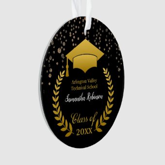 Gold Grad Cap and Laurel on Black Graduation Ornament | Zazzle