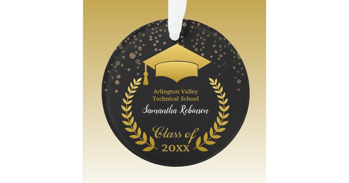 Gold Grad Cap and Laurel on Black Graduation Ornament | Zazzle