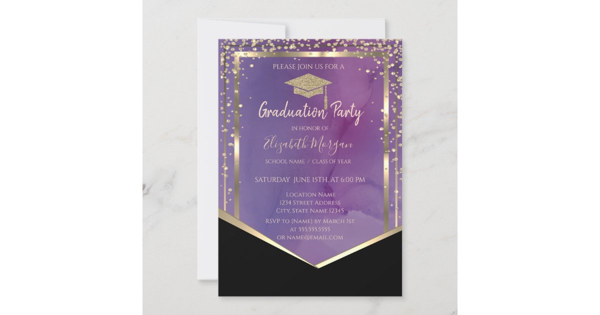 Gold Grad Cap Frame Watercolor Violet Graduation Invitation | Zazzle