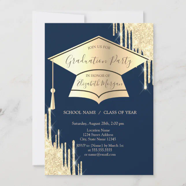 Gold Grad Cap,Glitter Drips Navy Blue Graduation Invitation | Zazzle