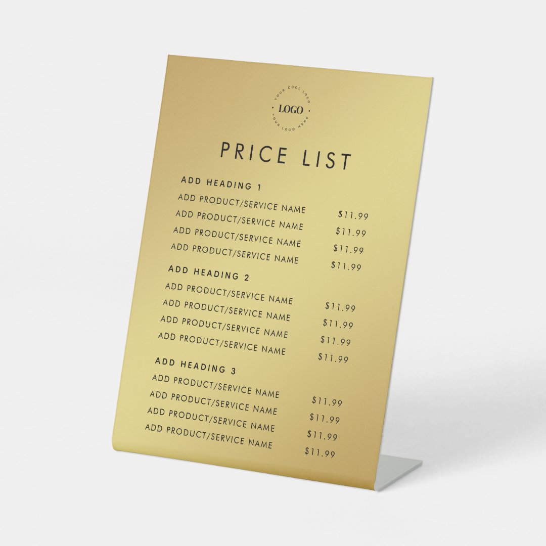 Gold Gradient Add Logo Price List Beauty Salon Pedestal Sign | Zazzle