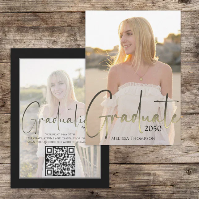 Gold Graduate Black Calligraphy Photo QR Code Invitation | Zazzle