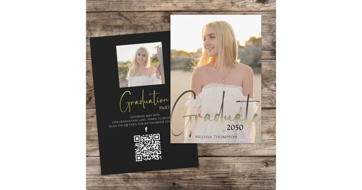 Gold Graduate Black Photo QR Code Social Media Invitation | Zazzle