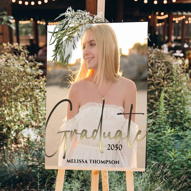 Gold Graduate Calligraphy Script Black Photo Party Poster | Zazzle