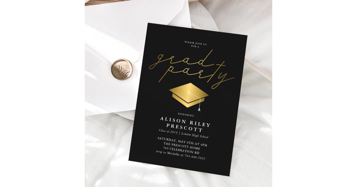 Gold Graduate Cap Black Graduation Party Invitation | Zazzle