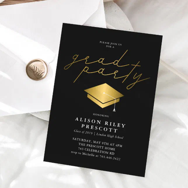 Gold Graduate Cap Black Graduation Party Invitation | Zazzle