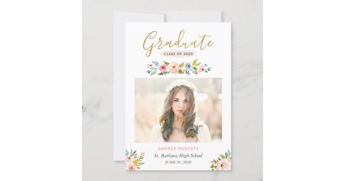 Gold Graduate Floral Photo Graduation Announcement | Zazzle.com