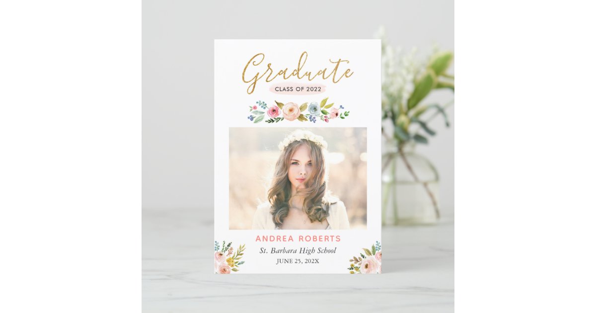 Gold Graduate Floral Photo Graduation Announcement | Zazzle