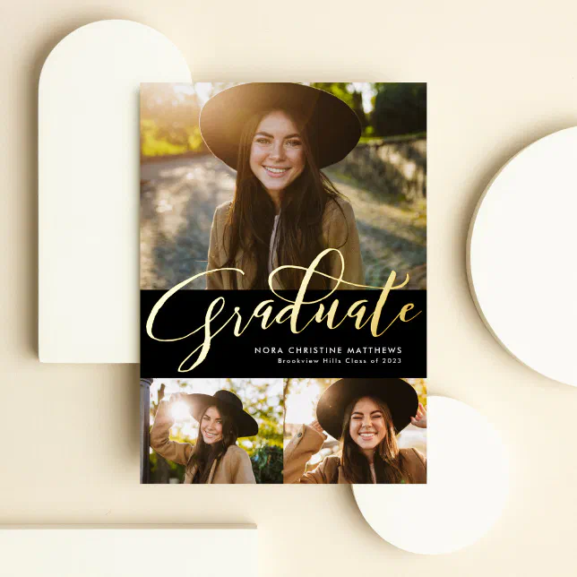 Gold Graduate three photo black graduation Foil Invitation | Zazzle
