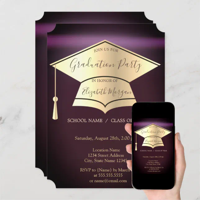 Gold Graduation Cap,Burgundy Graduation Invitation | Zazzle