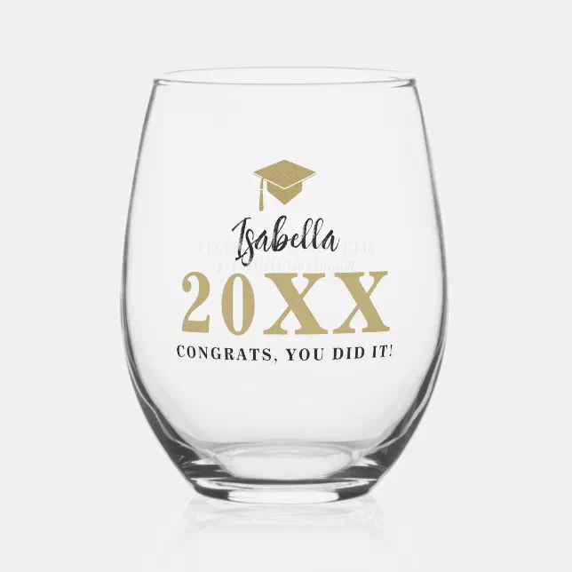Gold Graduation Cap Caligraphy Personalized Gift Stemless Wine Glass ...