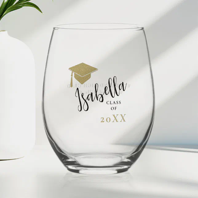 Gold Graduation Cap Calligraphy Personalized Gift Stemless Wine Glass ...