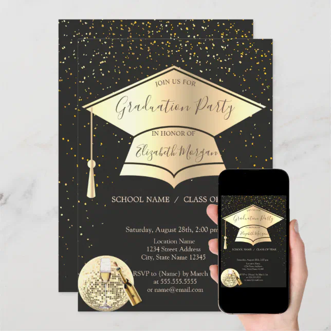 Gold Graduation Cap,Confetti Disco Ball Graduation Invitation | Zazzle
