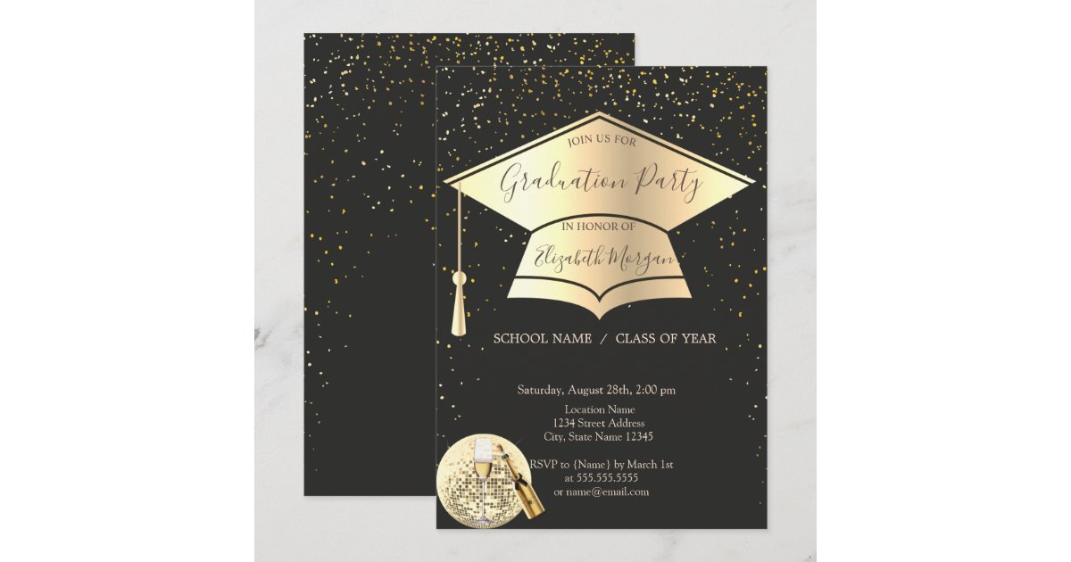 Gold Graduation Cap,Confetti Disco Ball Graduation Invitation | Zazzle