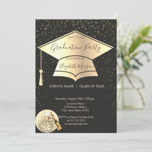 Gold Graduation Cap,Confetti Disco Ball Graduation Invitation | Zazzle