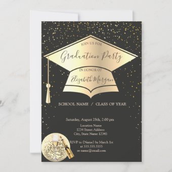 Gold Graduation Cap,Confetti Disco Ball Graduation Invitation | Zazzle