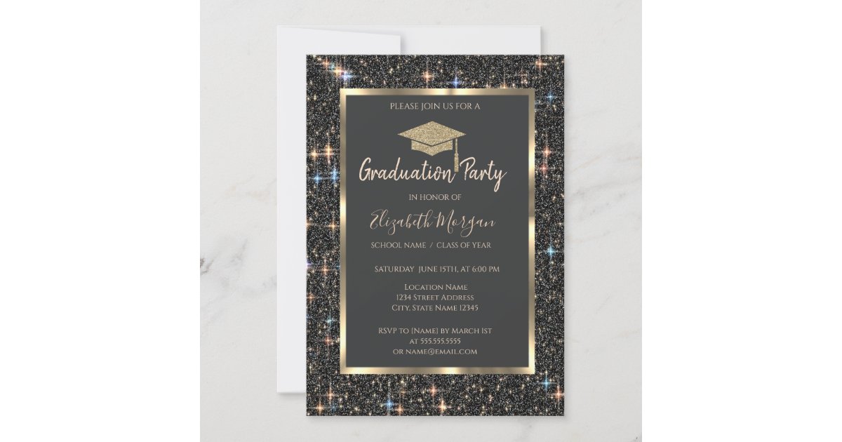 Gold Graduation Cap Dark Glitter Graduation Invitation | Zazzle