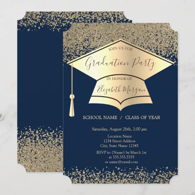 Gold Graduation Cap,Diamonds Navy Blue Graduation Invitation | Zazzle