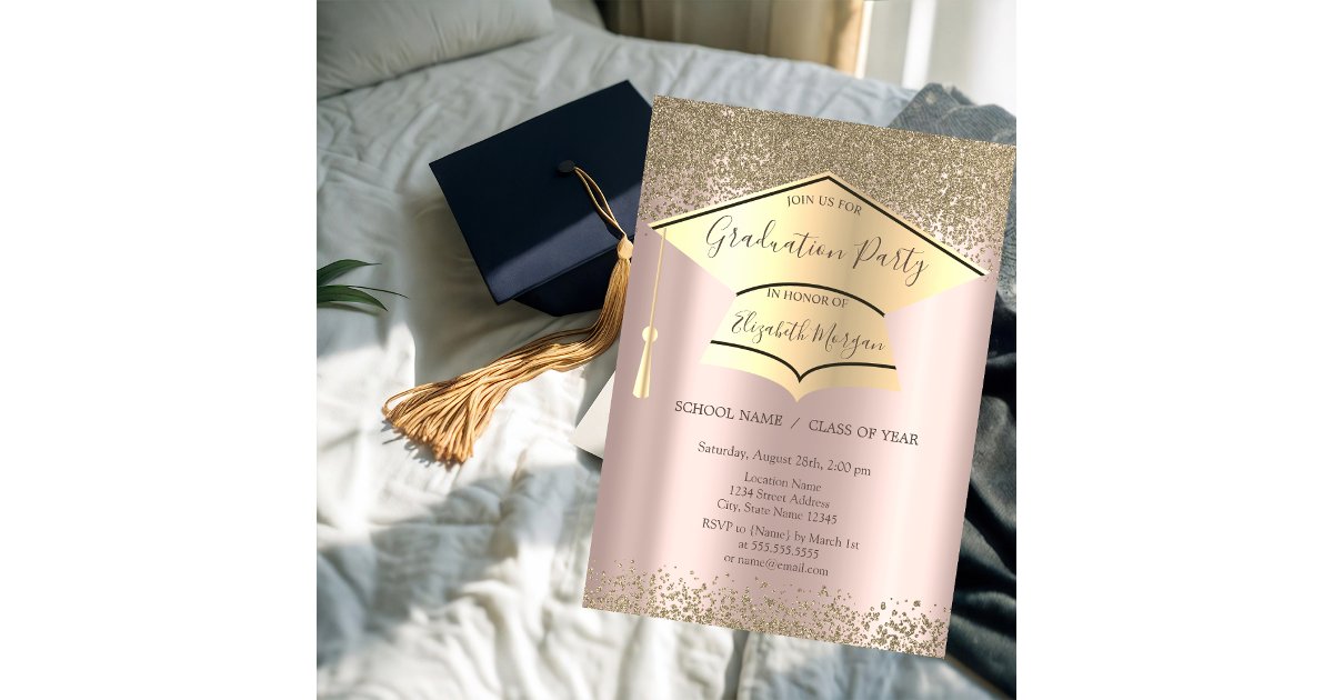 Gold Graduation Cap,Diamonds Rose Gold Graduation Invitation | Zazzle