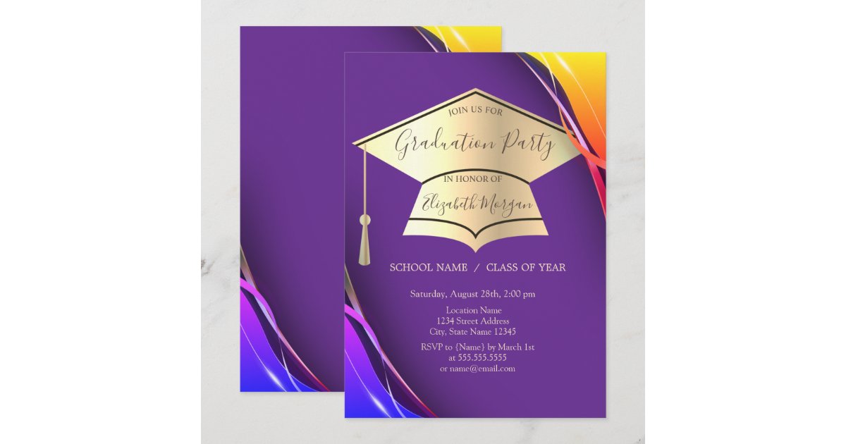 Gold Graduation Cap Frame Violet Graduation Invitation | Zazzle