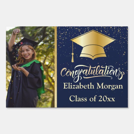 Gold Graduation Cap Graduate Navy Blue,Your Photo Sign | Zazzle.com