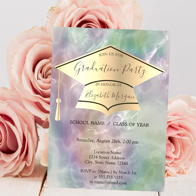 Gold Graduation Cap,Holographic Pearl Graduation Invitation | Zazzle