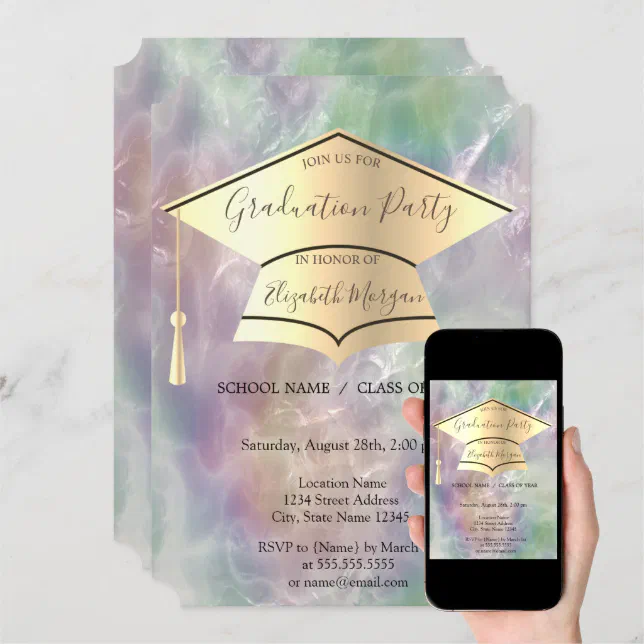 Gold Graduation Cap,Holographic Pearl Graduation Invitation | Zazzle