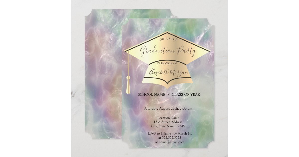 Gold Graduation Cap,Holographic Pearl Graduation Invitation | Zazzle